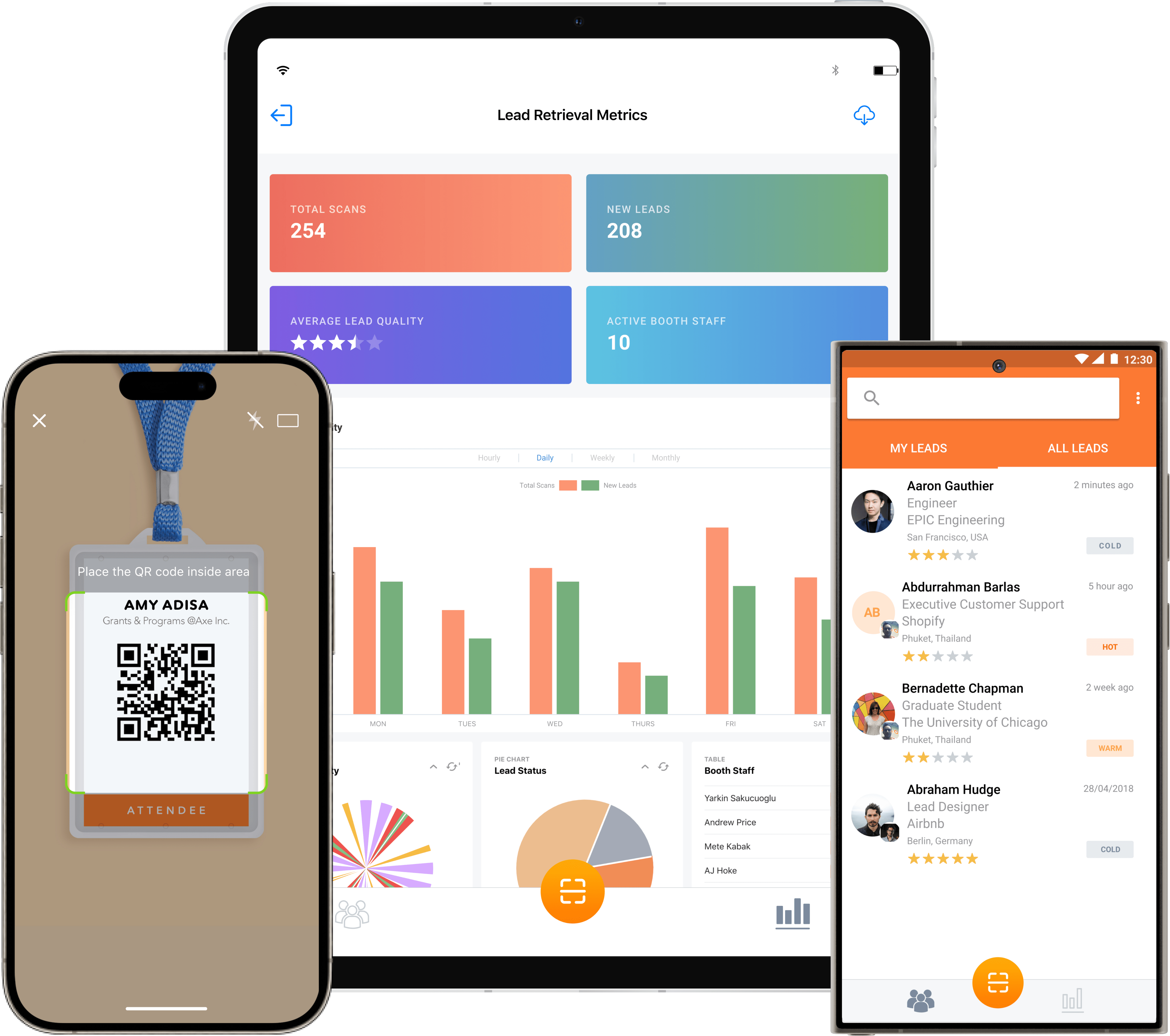 A smartphone, tablet, and laptop displaying the lead retrieval app's ...